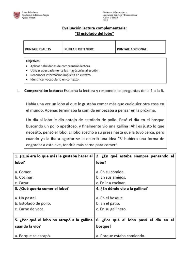 Prueba Libro El Estofado Del Lobo | PDF