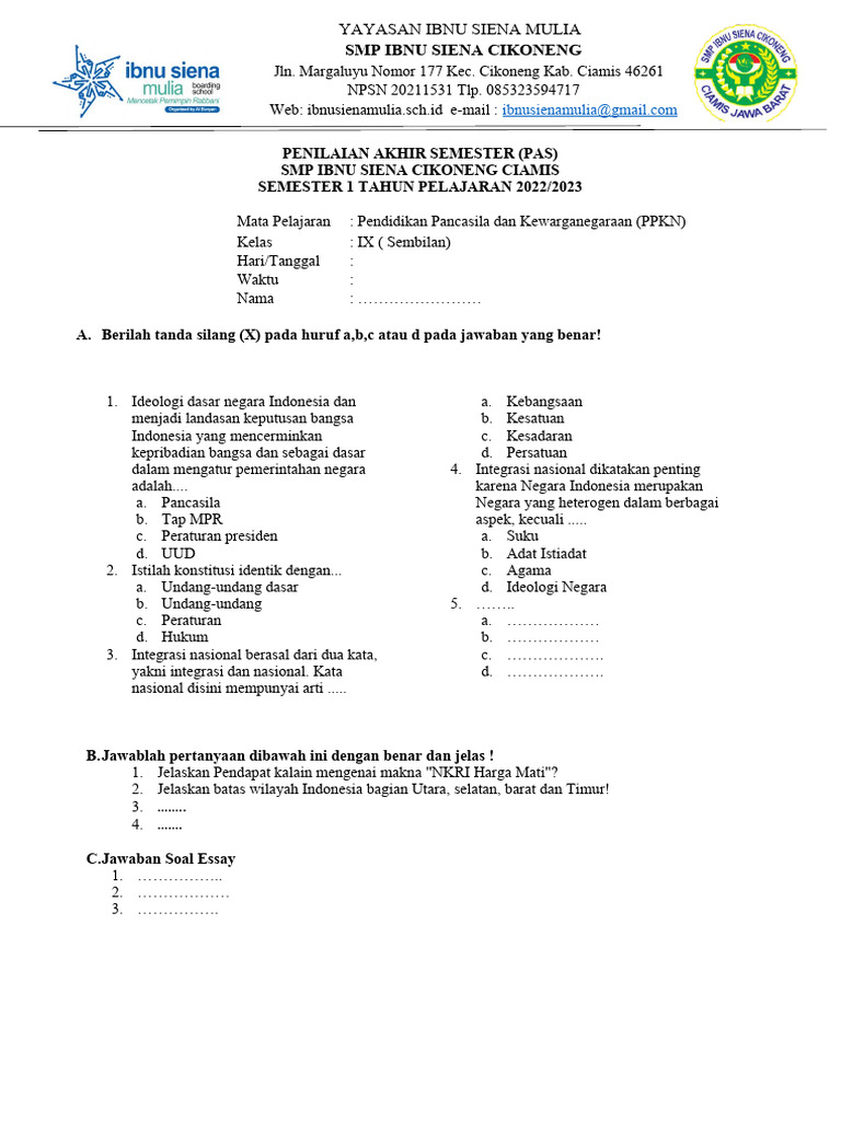 Contoh Kop Soal SMP | PDF