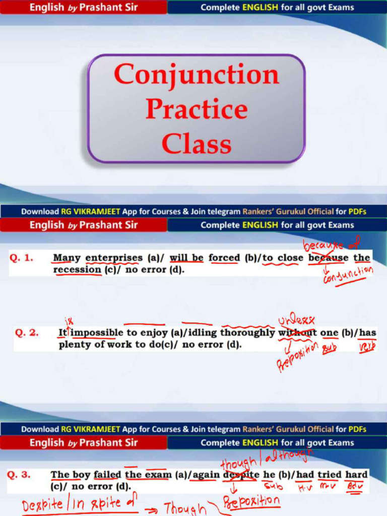 191 Conjunction Practice 01 Class Notes GRAMMAR CONJUNCTION | PDF