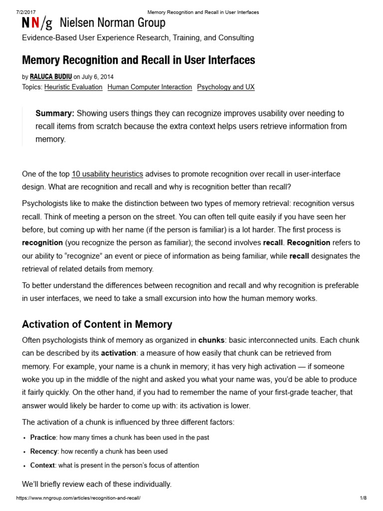 Memory Recognition and Recall in User Interfaces | PDF | Recall (Memory ... Memory Recognition and Recall in User Interfaces | PDF | Recall (Memory ...