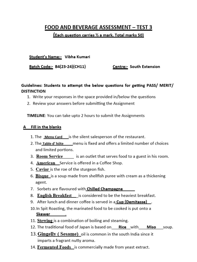 Food and Beverage Assessment Test | PDF | Sauce | Cooking