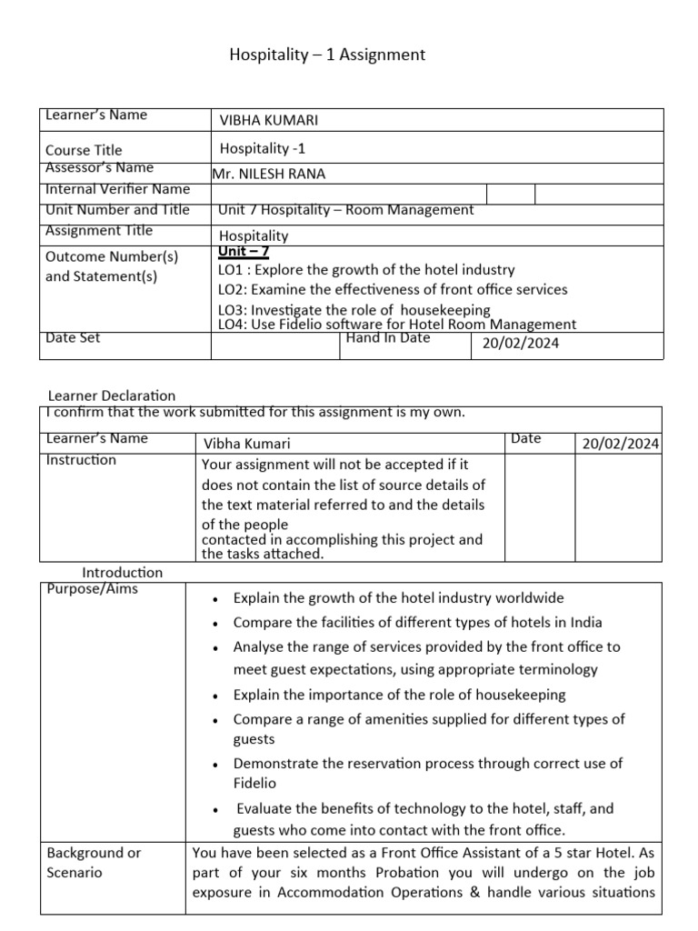 Hospitality Room Management Assignment | PDF | Hospitality Industry