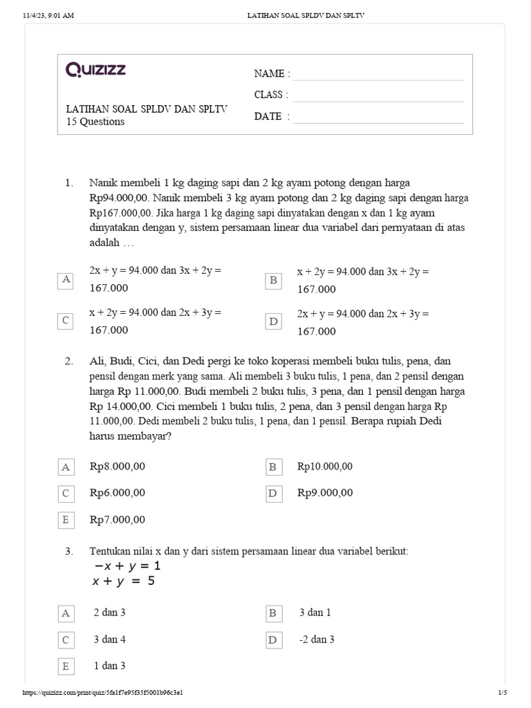 Latihan Soal SPLDV Dan SPLTV | PDF