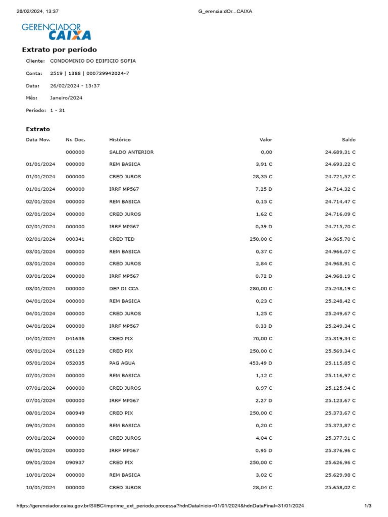 Extrato Janeiro 2024 | PDF