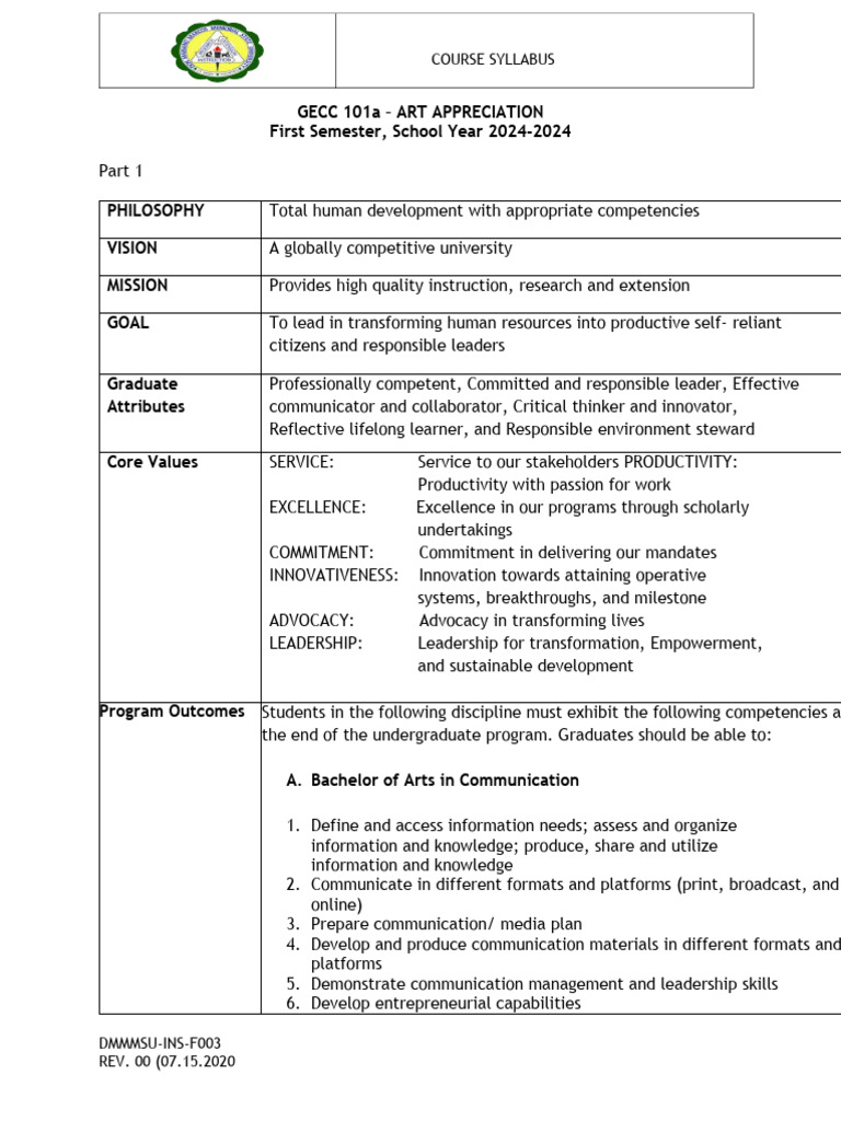 Gecc 101 - Art Appreciation Syllabus | PDF | Leadership | Communication