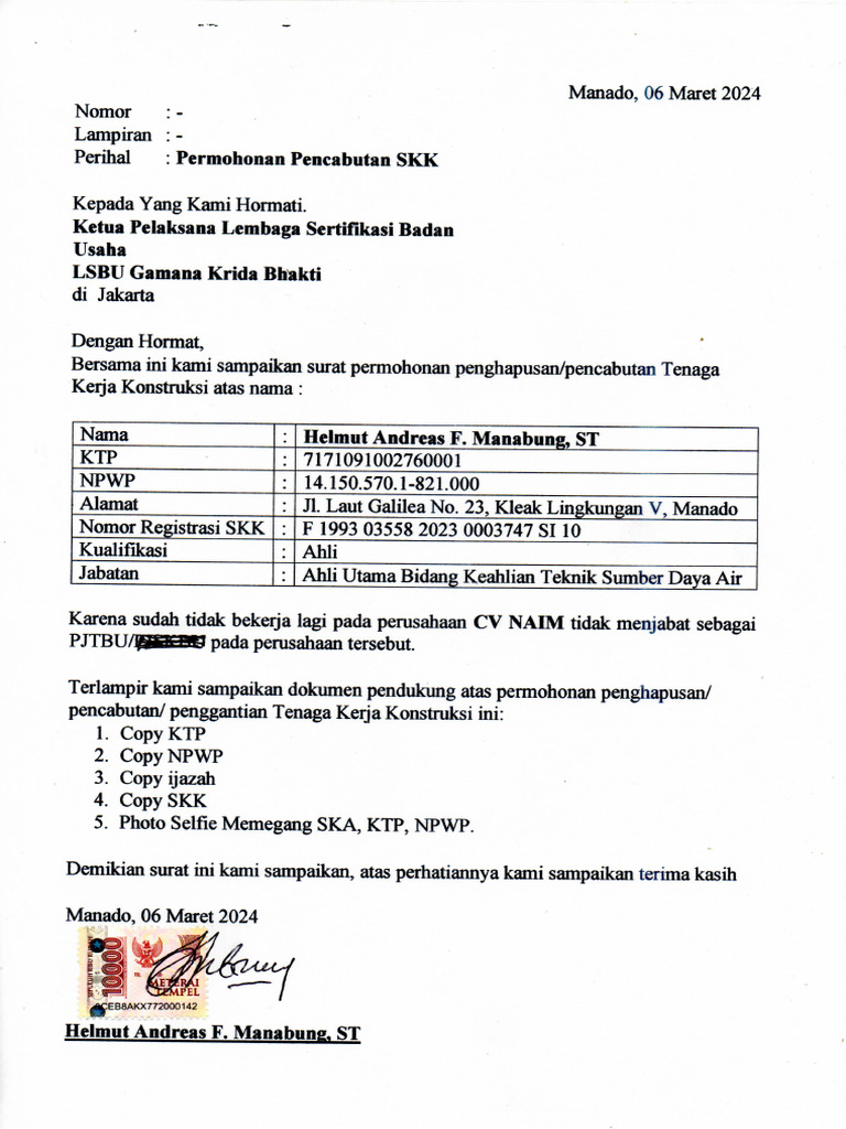 Permohonan Pencabutan SKK Helmut Manabung | PDF