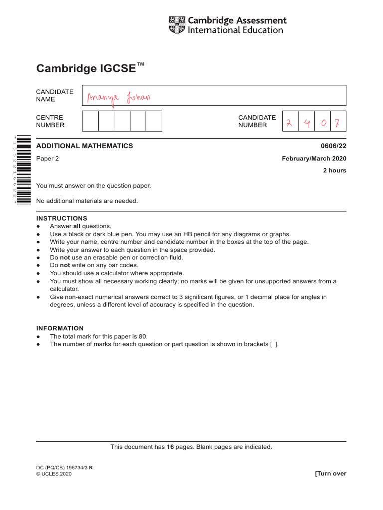 Cambridge IGCSE: Additional Mathematics 0606/22 | PDF | Circle ...