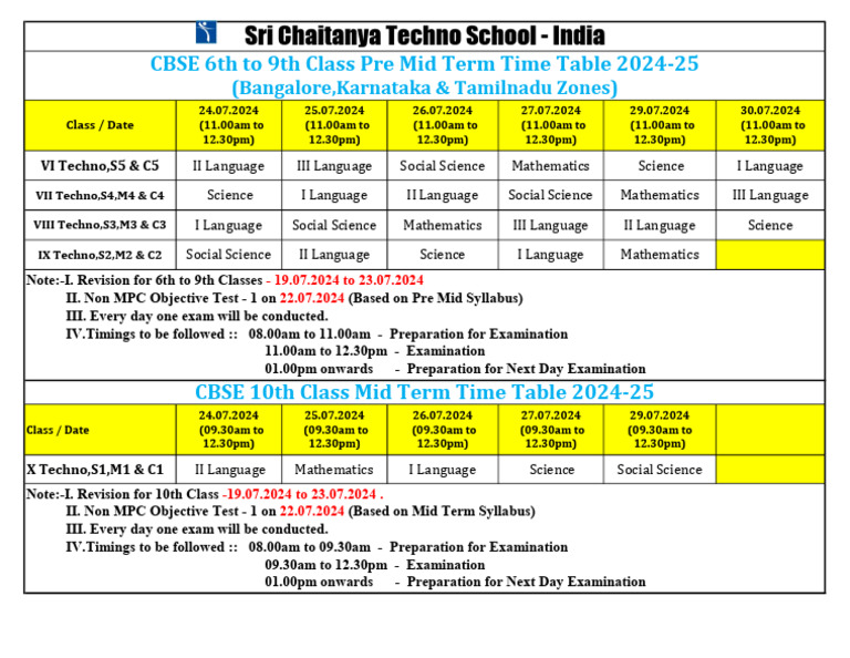 CBSE 6th To 9th Class Pre Mid & 10th Class Mid Term Time Table 2024-25 ...