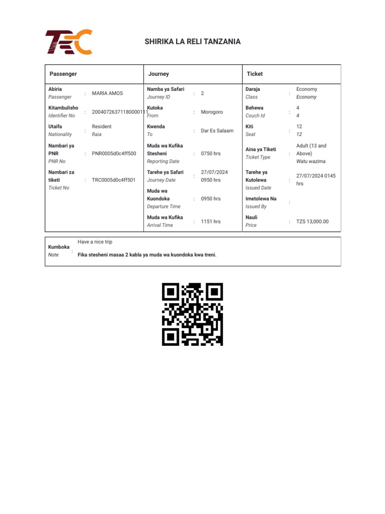 Tanzania Train Ticket Details | PDF | Railway Companies | Rail Transport
