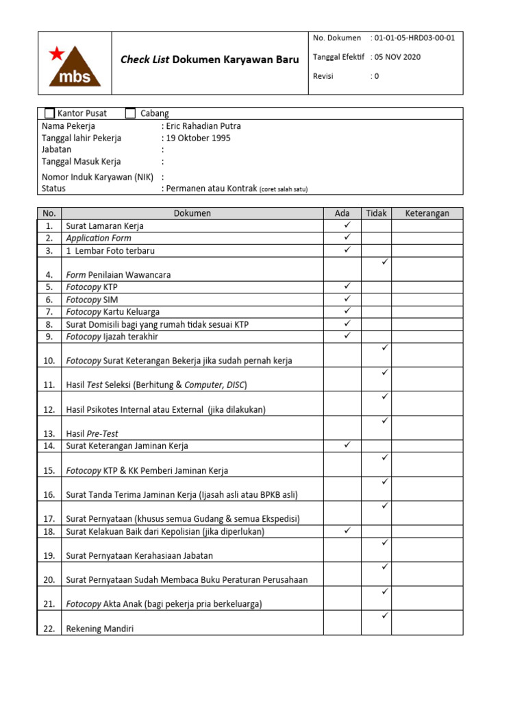 01-01-05-HRD03-00-01 Check List Dokumen Karyawan Baru | PDF
