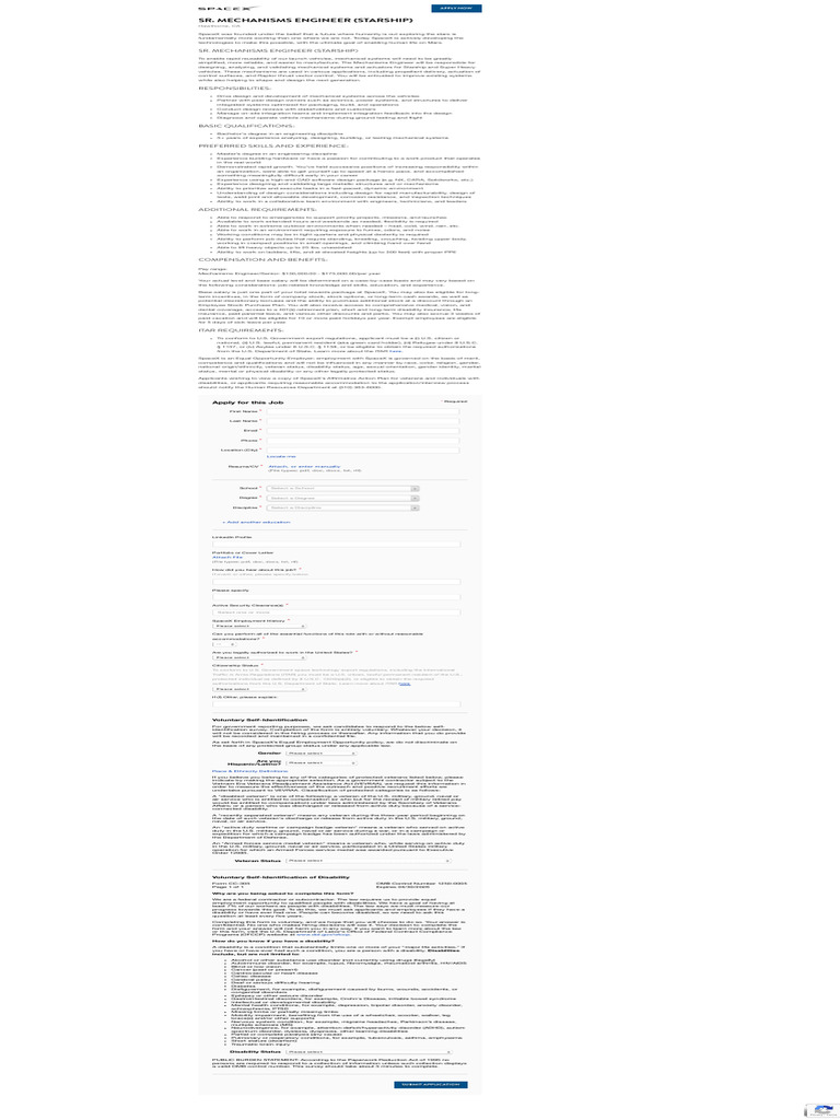 Job Application For Sr. Mechanisms Engineer (Starship) at SpaceX | PDF ...