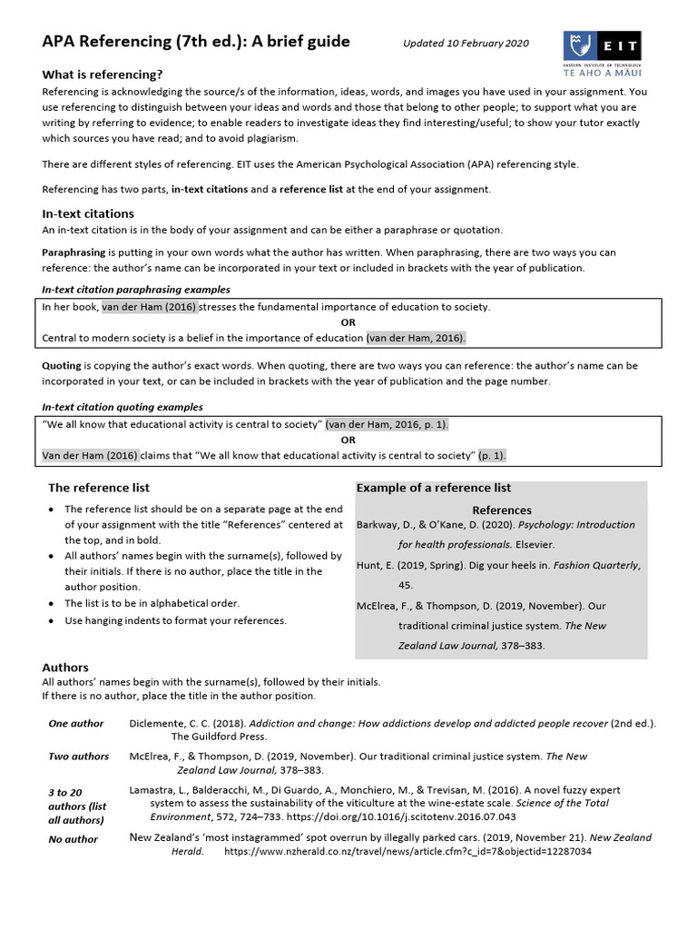 APA Referencing Brief Guide | PDF | Citation | Apa Style