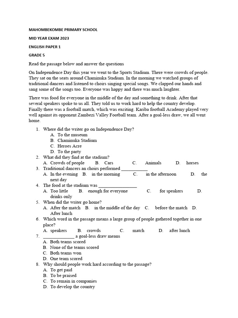 English Paper 1 GRADE 5 | PDF | Mountains