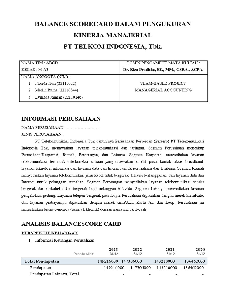 BALANCE SCORECARD DALAM PENGUKURAN KINERJA MANAJERIAL PT Telkom | PDF