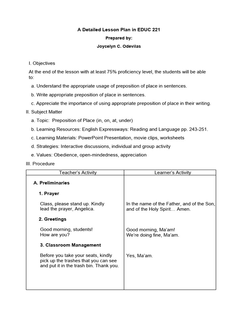 Semi Detailed Lesson Plan Educ 221 | PDF | Preposition And Postposition | Noun