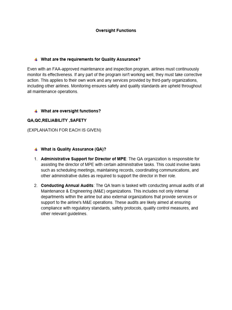 Oversight Functions Quality Assurance | PDF | Occupational Safety And ...