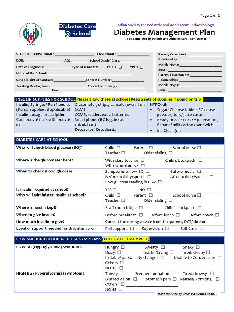 Diabetes Management Plan for Schools ISPAE | PDF | Hypoglycemia ...