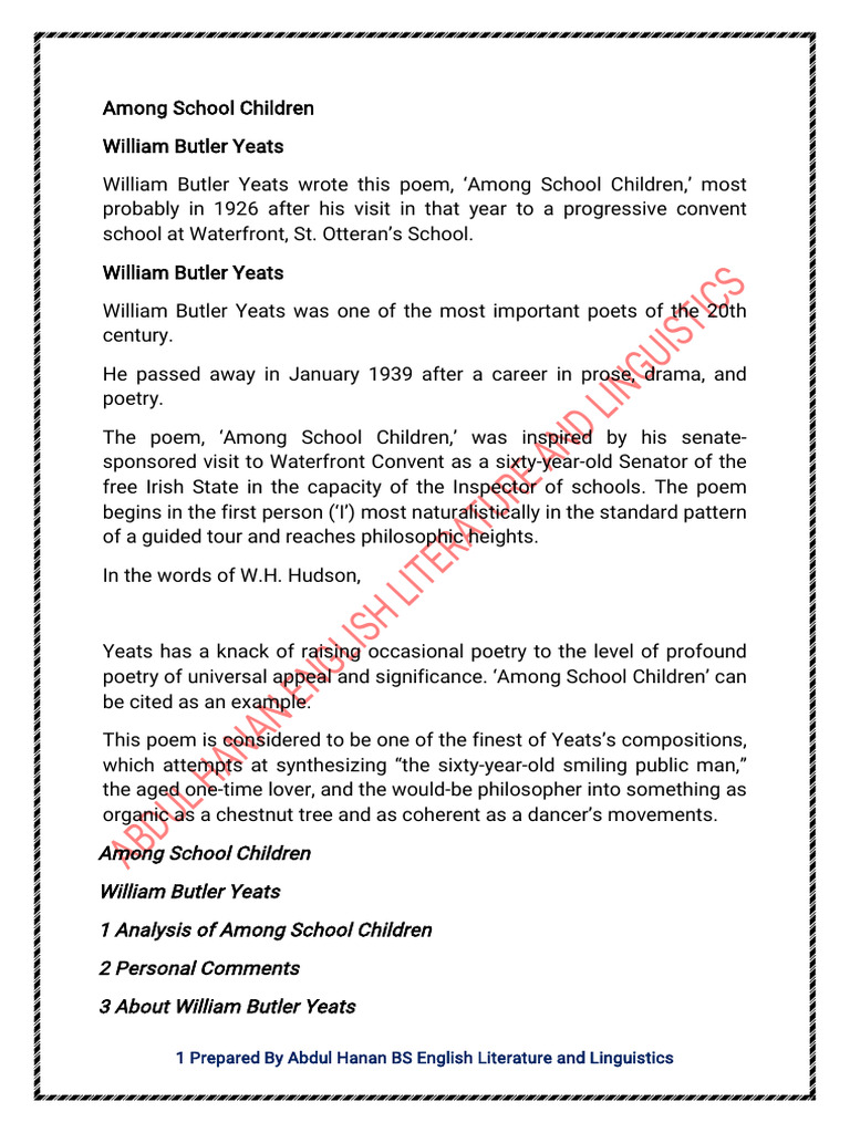 Yeats' "Among School Children" Analysis | PDF | W. B. Yeats | Poetry