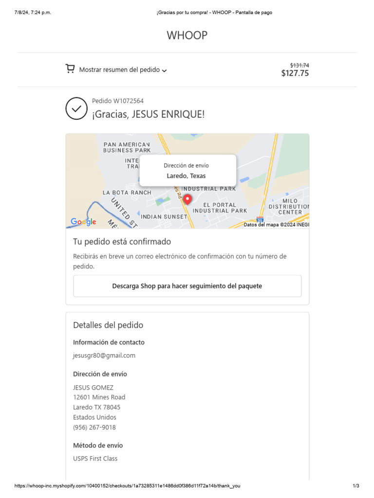 Confirmación de Pedido WHOOP Laredo | PDF