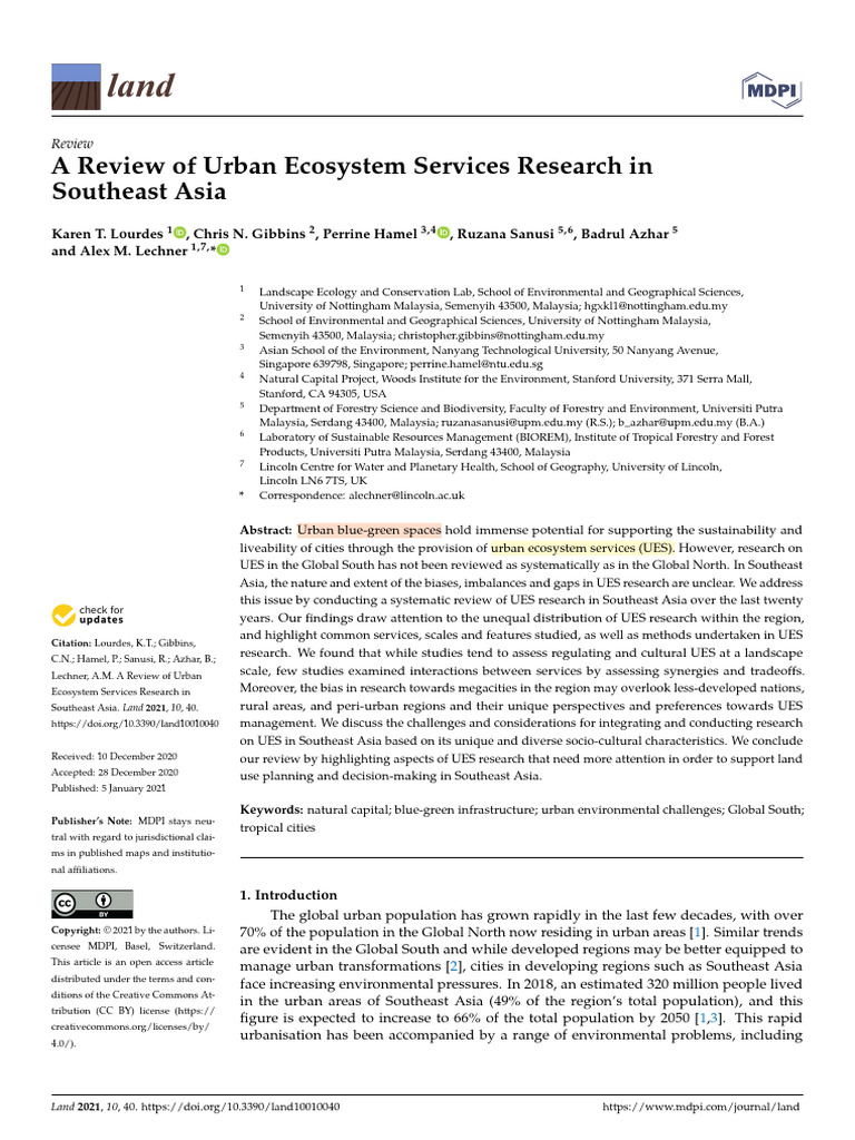 A Review of Urban Ecosystem Services Research in Southeast AsiaLand ...