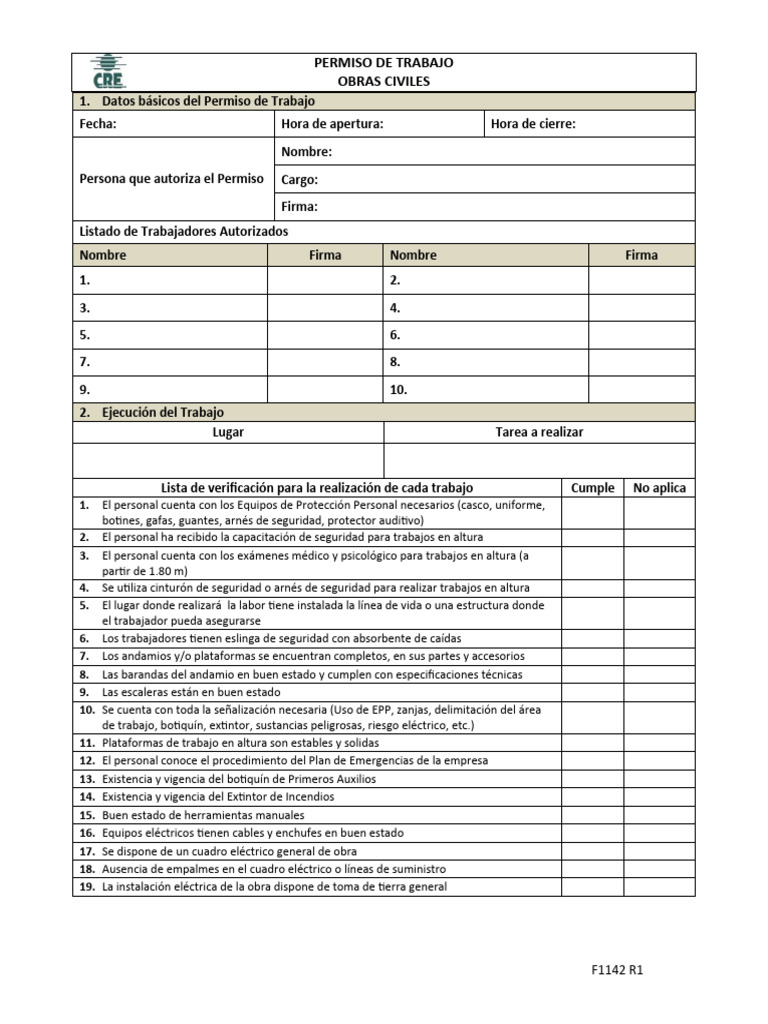 F1142 R1 Permiso de Trabajo Obras Civiles | PDF | Tecnología