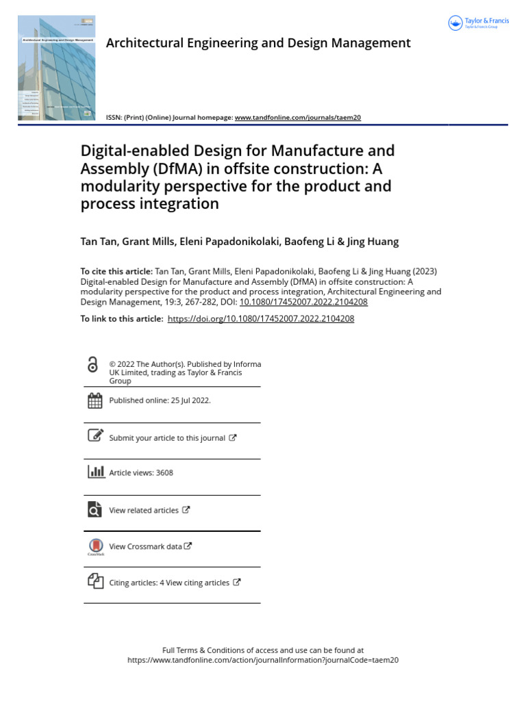 Digital Enabled Design For Manufacture And Assembly Dfma In Offsite Construction A Modularity