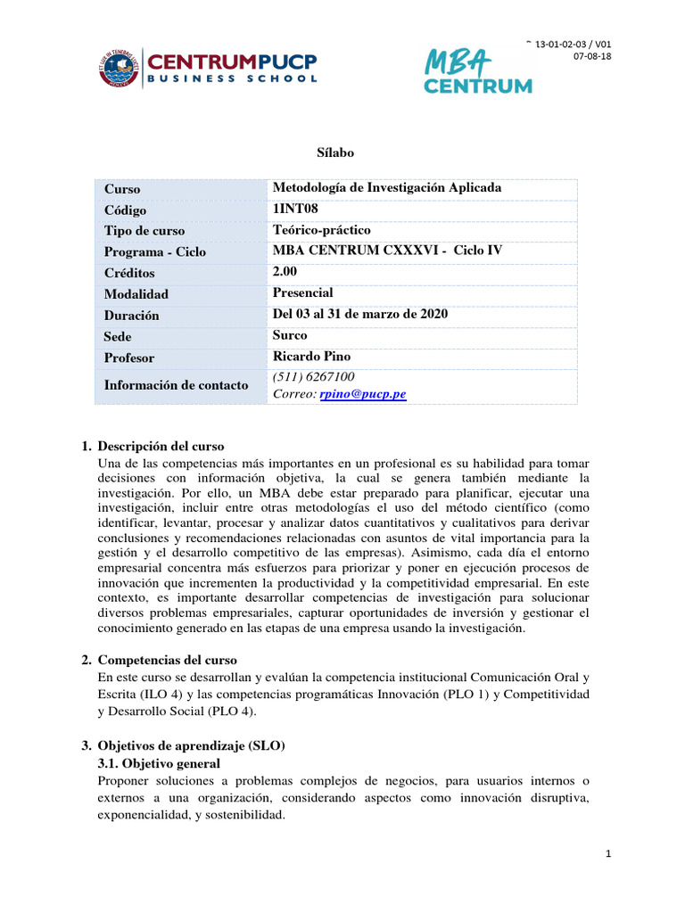 08-MIA 0 RP G136 - Silabo 190923 - 1INT08 - MBAC - MIA | PDF | Business