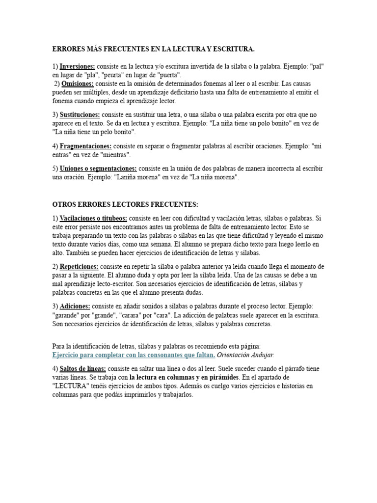 Errores Comunes en Lectura y Escritura | PDF | Sílaba | Palabra