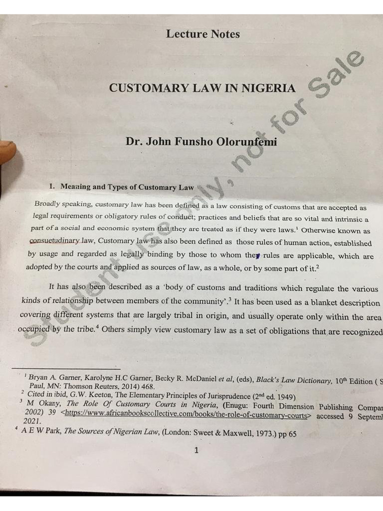 Customary Law (Olorunfemi's Lecture Material) | PDF