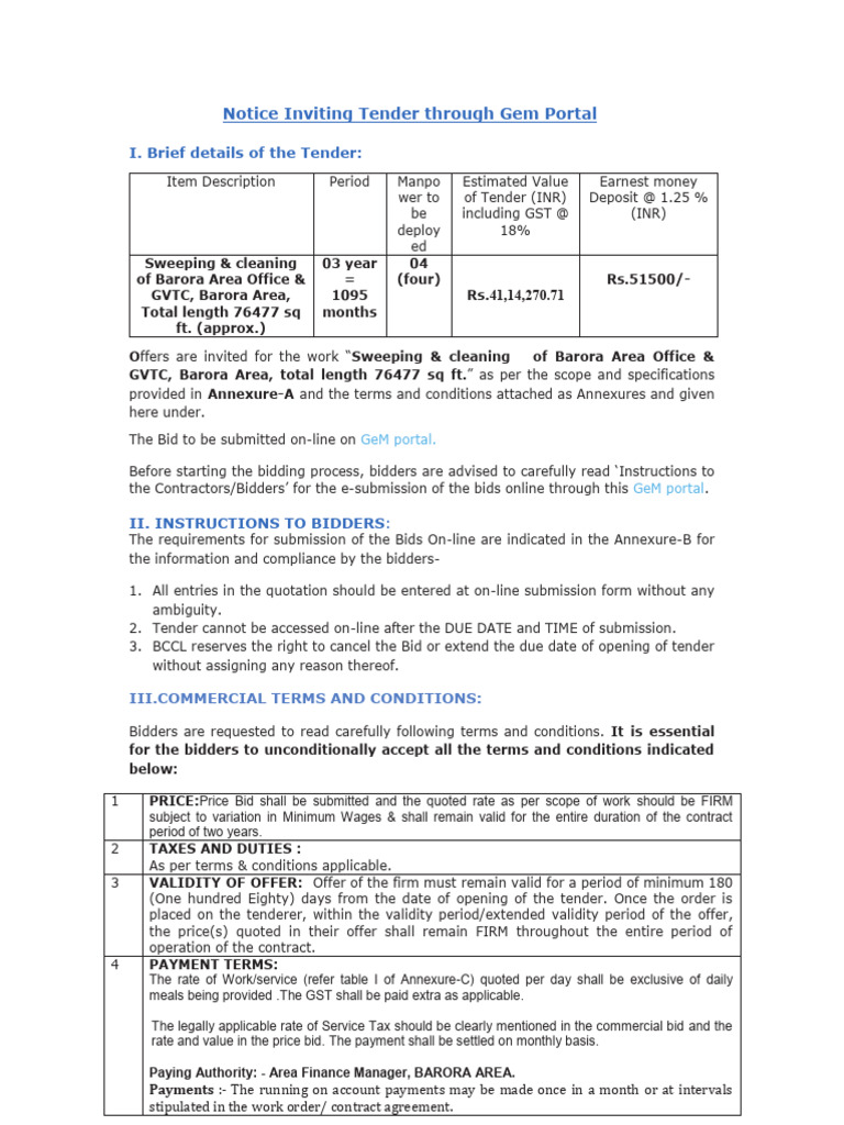 Tender for Sweeping & Cleaning Services | PDF | Employment | Wage