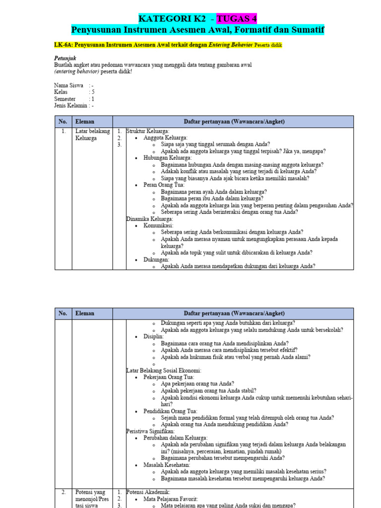 contoh K2 - Tugas 4 - Penyusunan Instrumen Asesmen Awal, Formatif dan ...