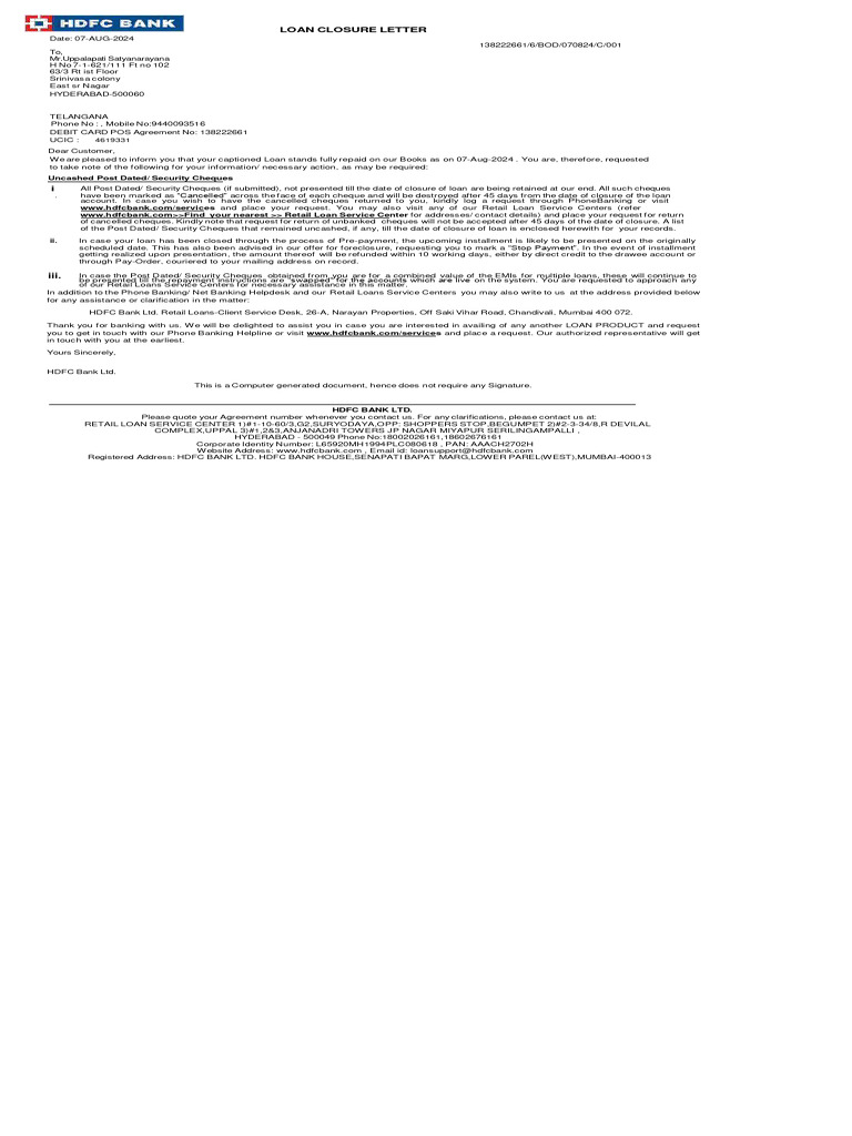 HDFC NOC Satyanarayana | PDF | Cheque | Banks