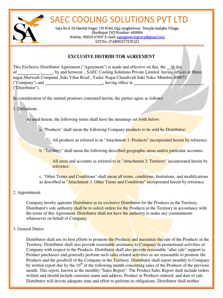 Exclusive Distributor Agreement Overview | PDF | Indemnity | Trademark