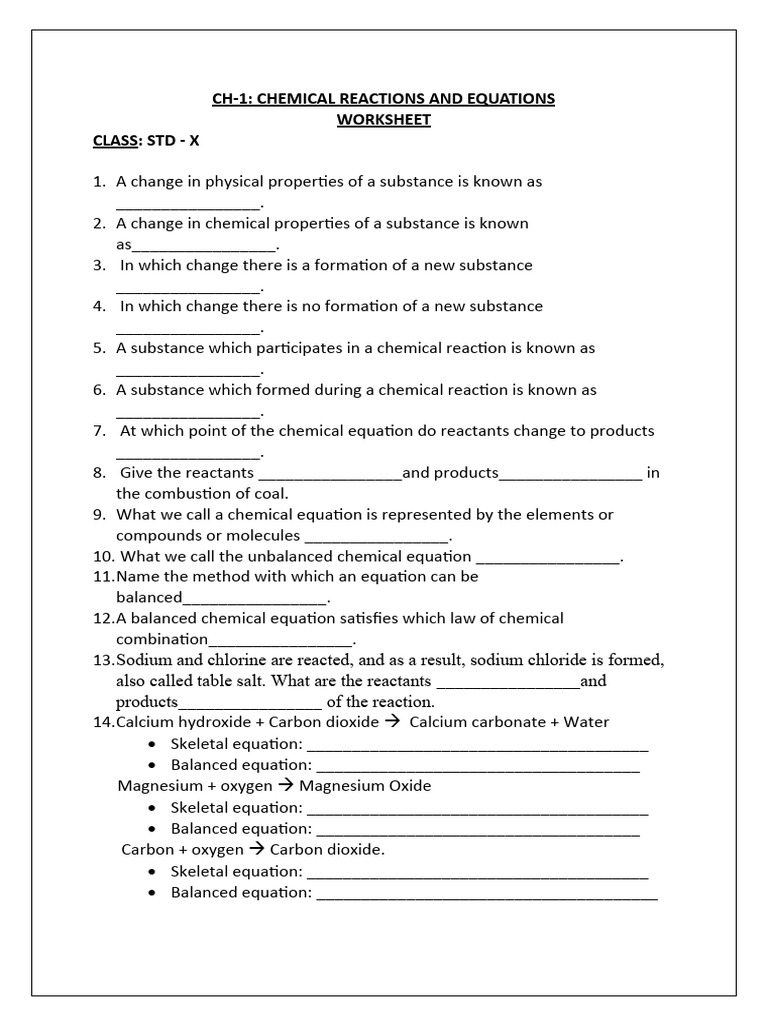 STD - 10 Chemical Reactions and Equations WRK SHT | PDF | Chemical ...