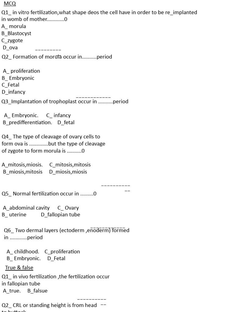 Embryology Question ... 1 | PDF | Embryo | Reproduction