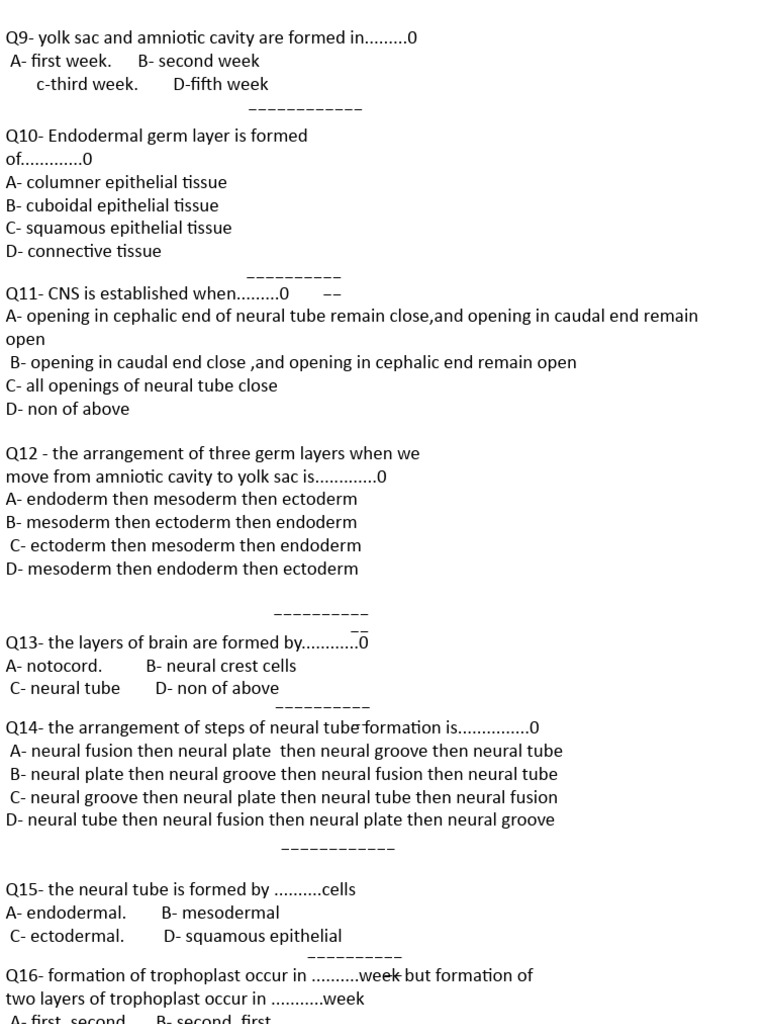 Embryology MCQs and Answers | PDF | Anatomy | Reproduction