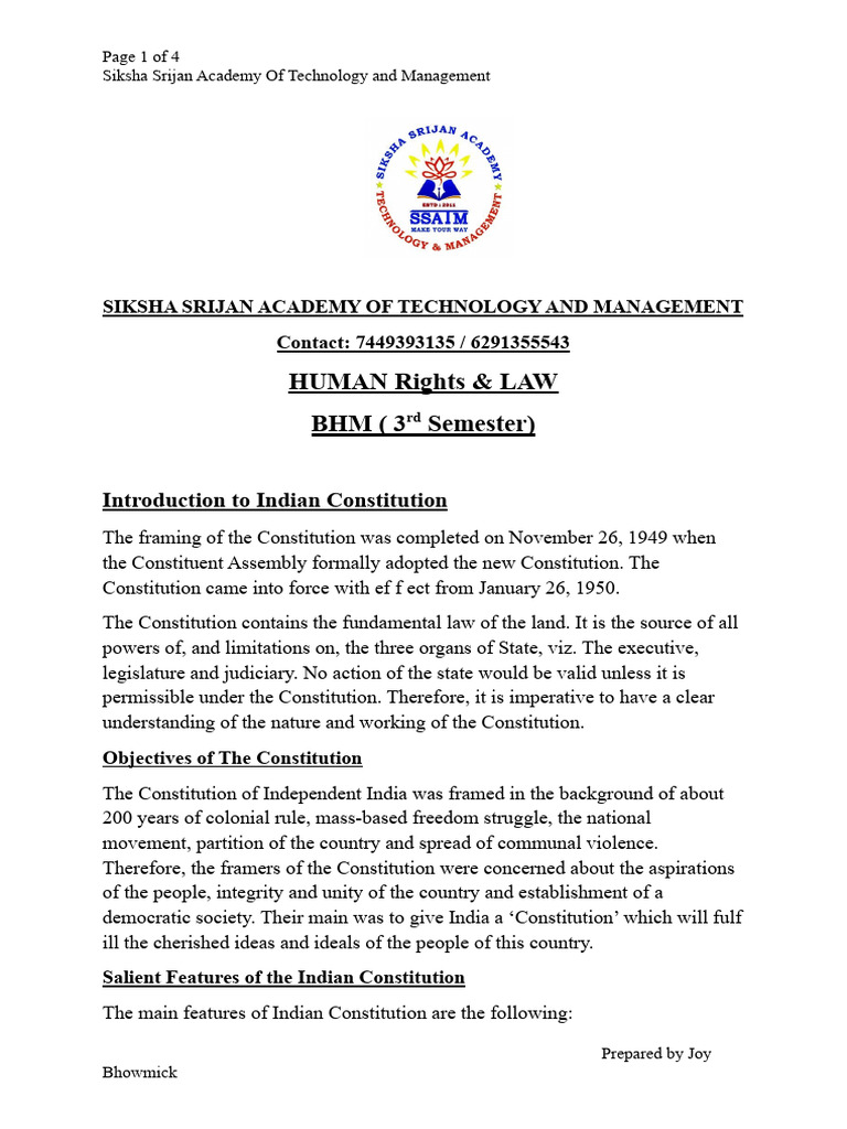 HUMAN Rights & LAW BHM (3 Semester) : Introduction To Indian ...