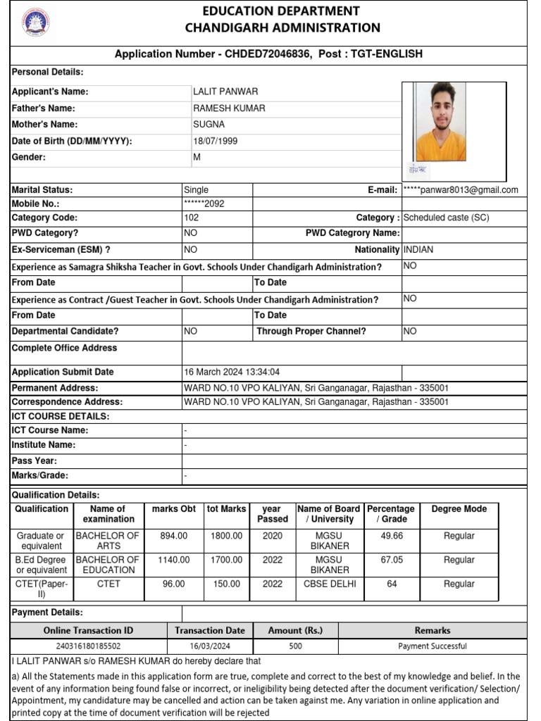 TGT-English Application: Lalit Panwar | PDF