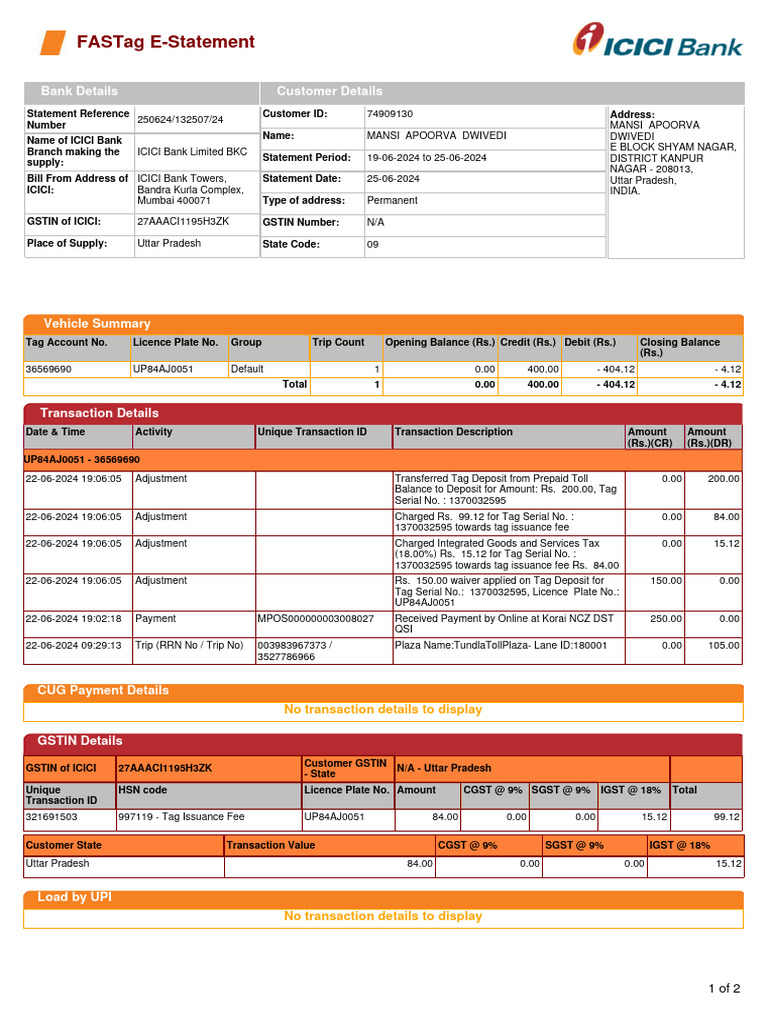 FASTag E-Statement: June 2024 | PDF | Banks | Credit Card