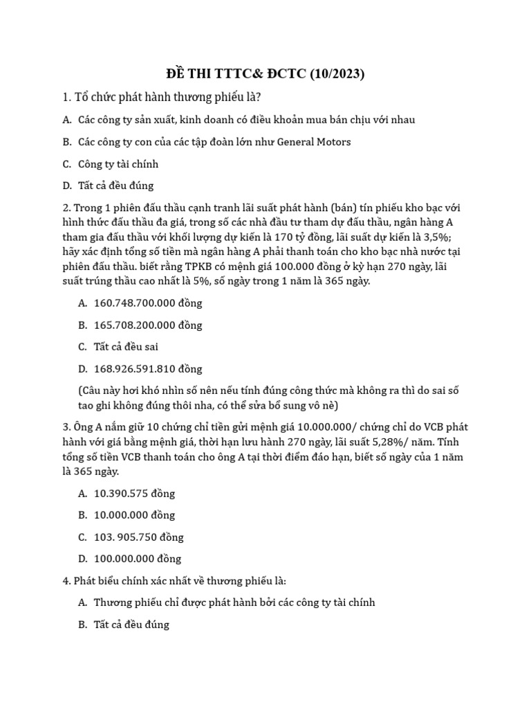 ĐỀ THI TTTC& ĐCTC | PDF
