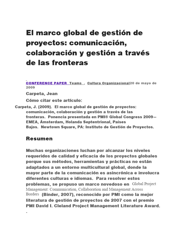 El Marco Global de Gestión de Proyectos | PDF | Gestión de proyectos ...