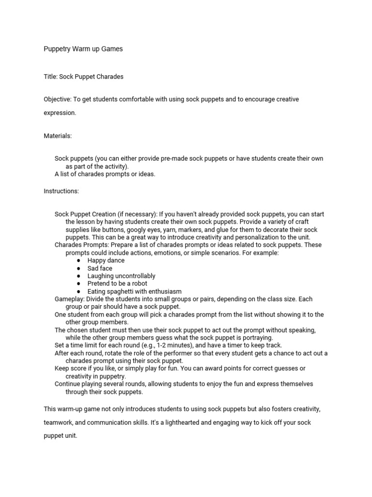 Puppetry Warm Up Games | PDF | Puppets