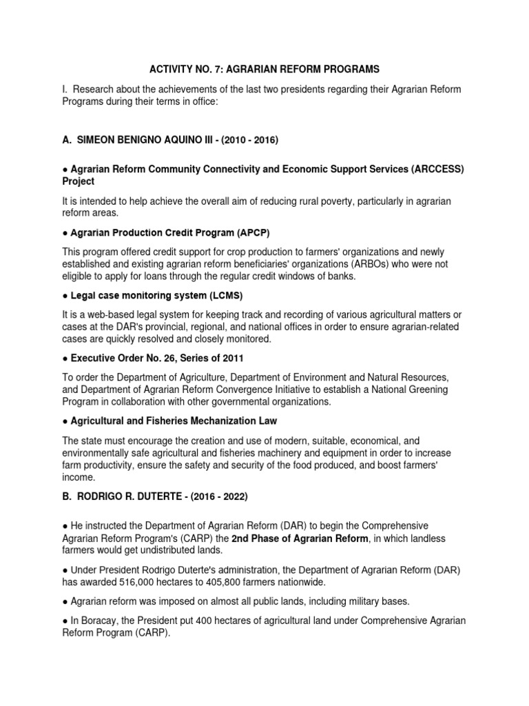 AGRARIAN REFORM PROGRAMS | PDF | Agriculture | Economies