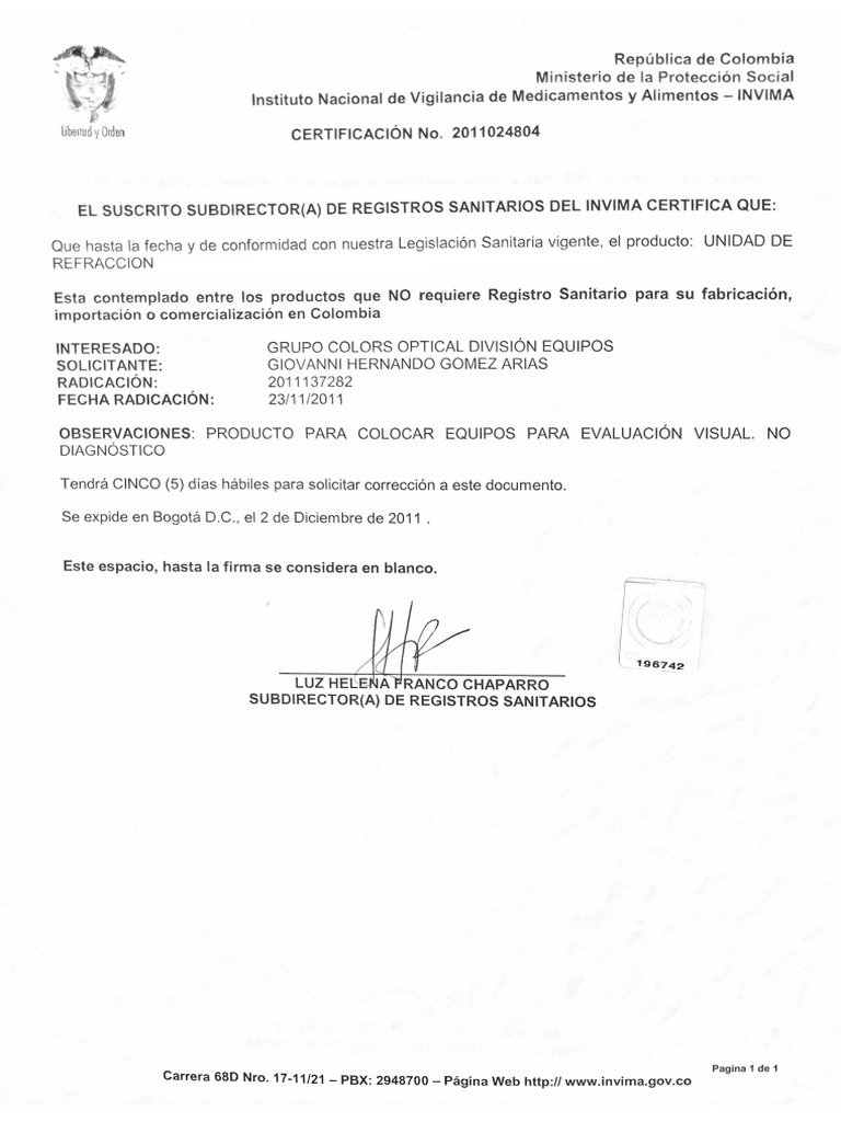 Cert. No Requiere Invima Unidad | PDF