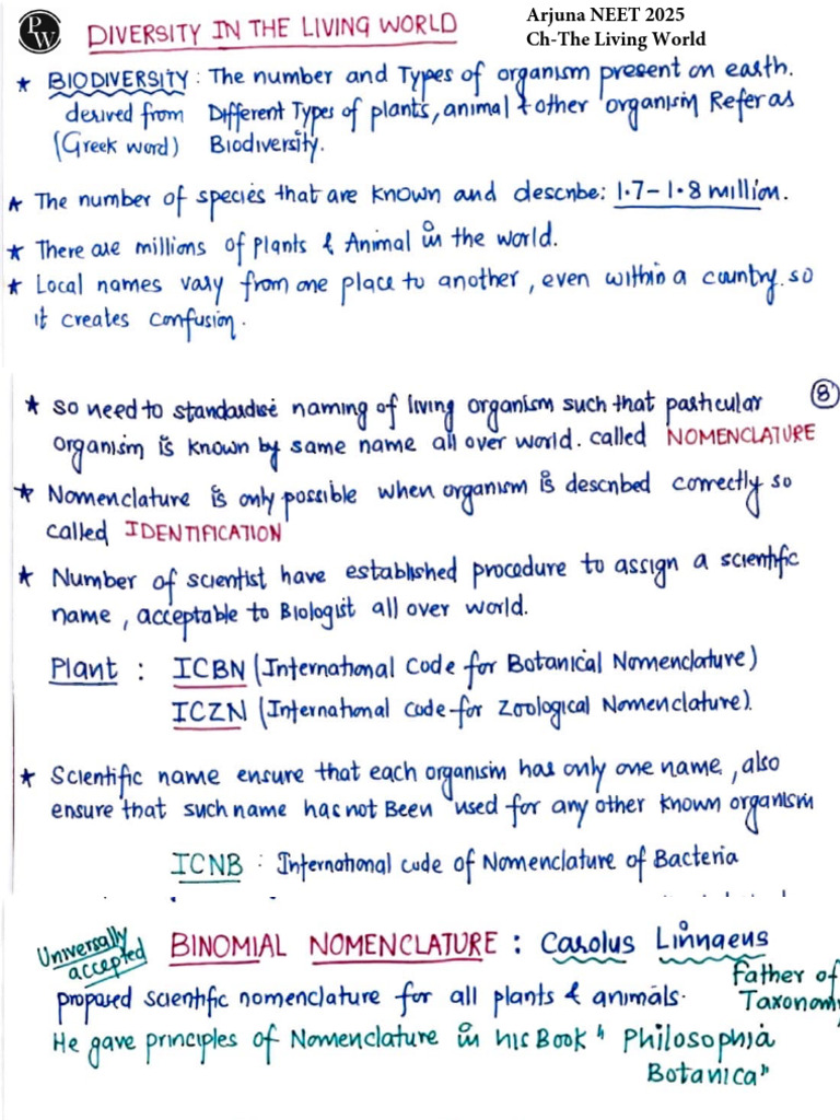 The Living World 01 - Handwritten Notes - Arjuna NEET 2025 | PDF | Wellness