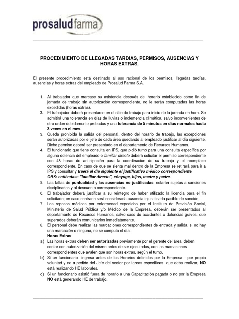 Procedimiento de Llegadas Tardías, Ausencias, Permisos y HE 2022 | PDF | Finanzas y dinero