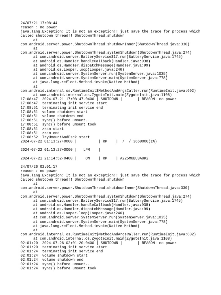 Android Power Shutdown Logs | PDF | Java (Programming Language) | Oracle Corporation