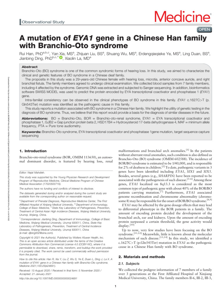 A Mutation of EYA1 Gene in A Chinese Han Family.1 | PDF | Dna ...