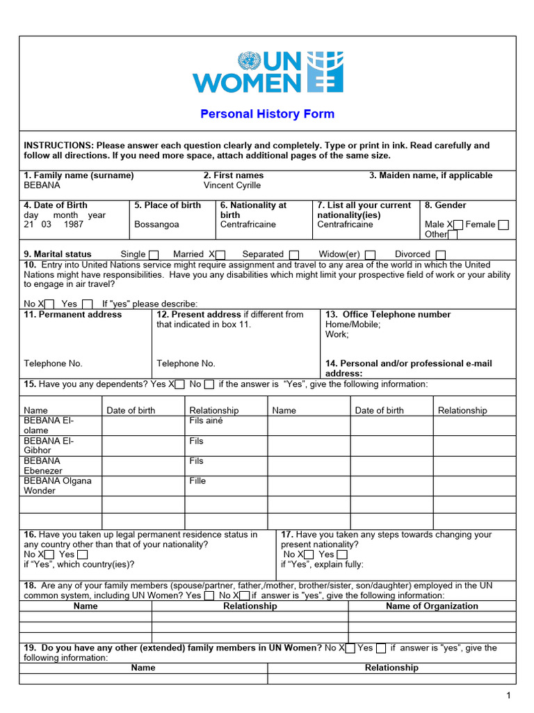 UN Women P11 Personal History Form en Cyrille BEBANA | PDF | Harassment ...