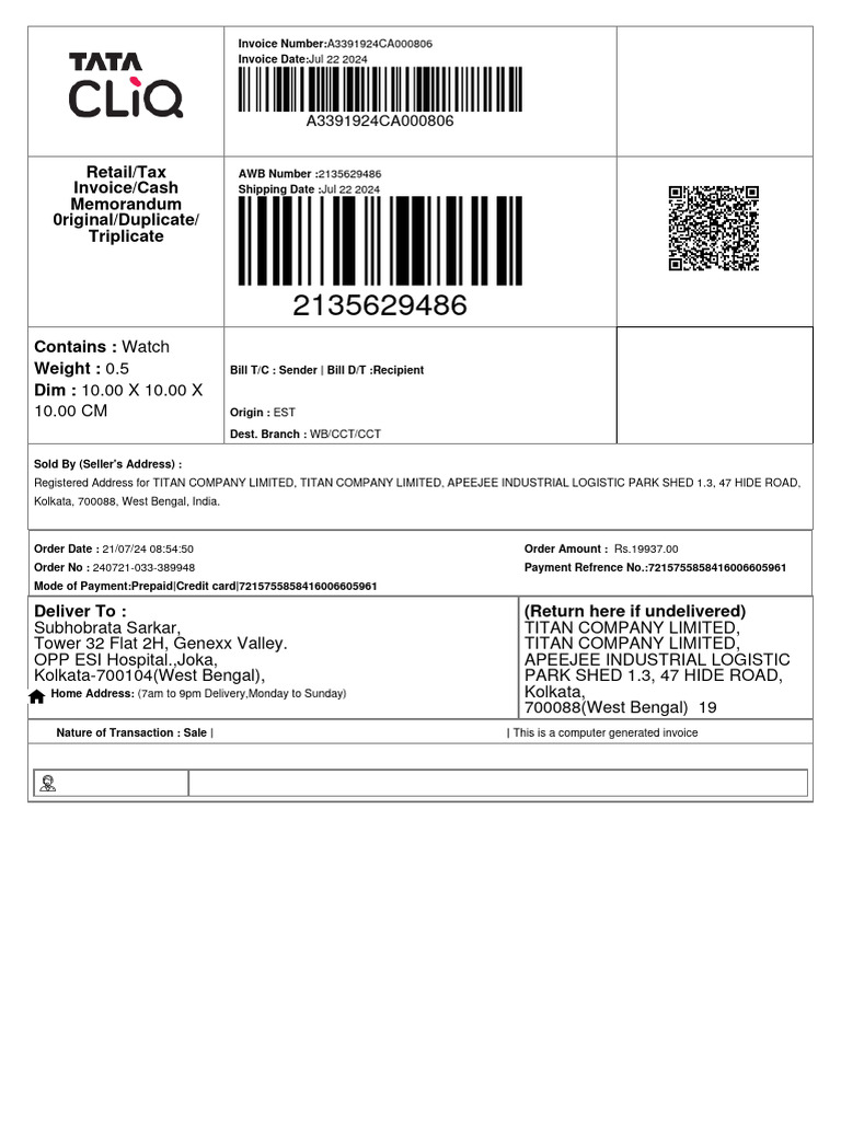 Titan Automatic Watch Bill | PDF | Invoice | Taxes